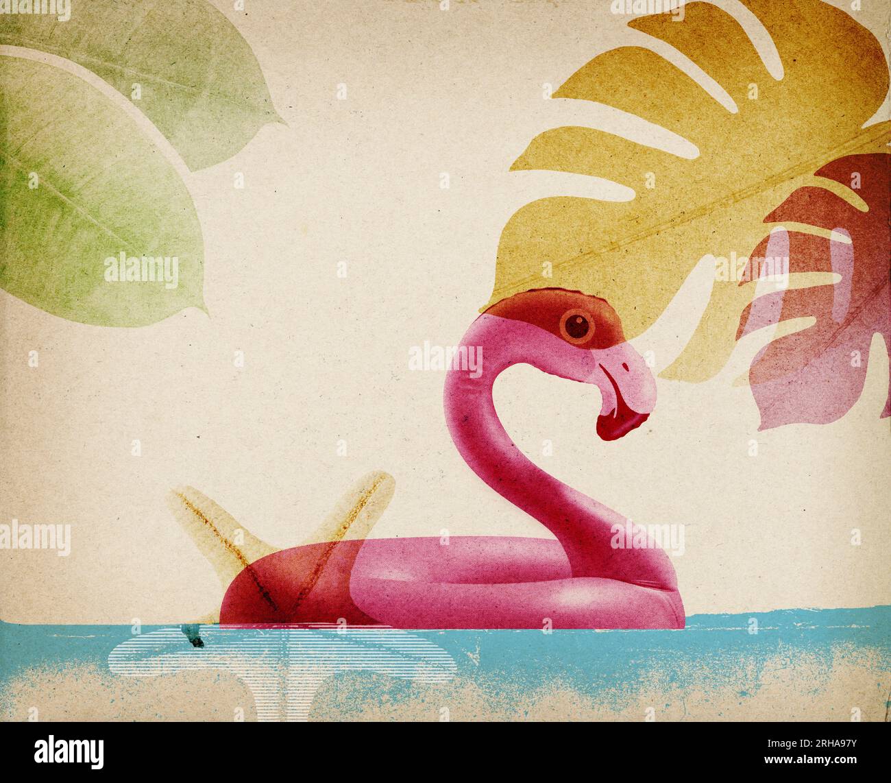 Summer vacations collage: pink flamingo inflatable floating on the sea ...