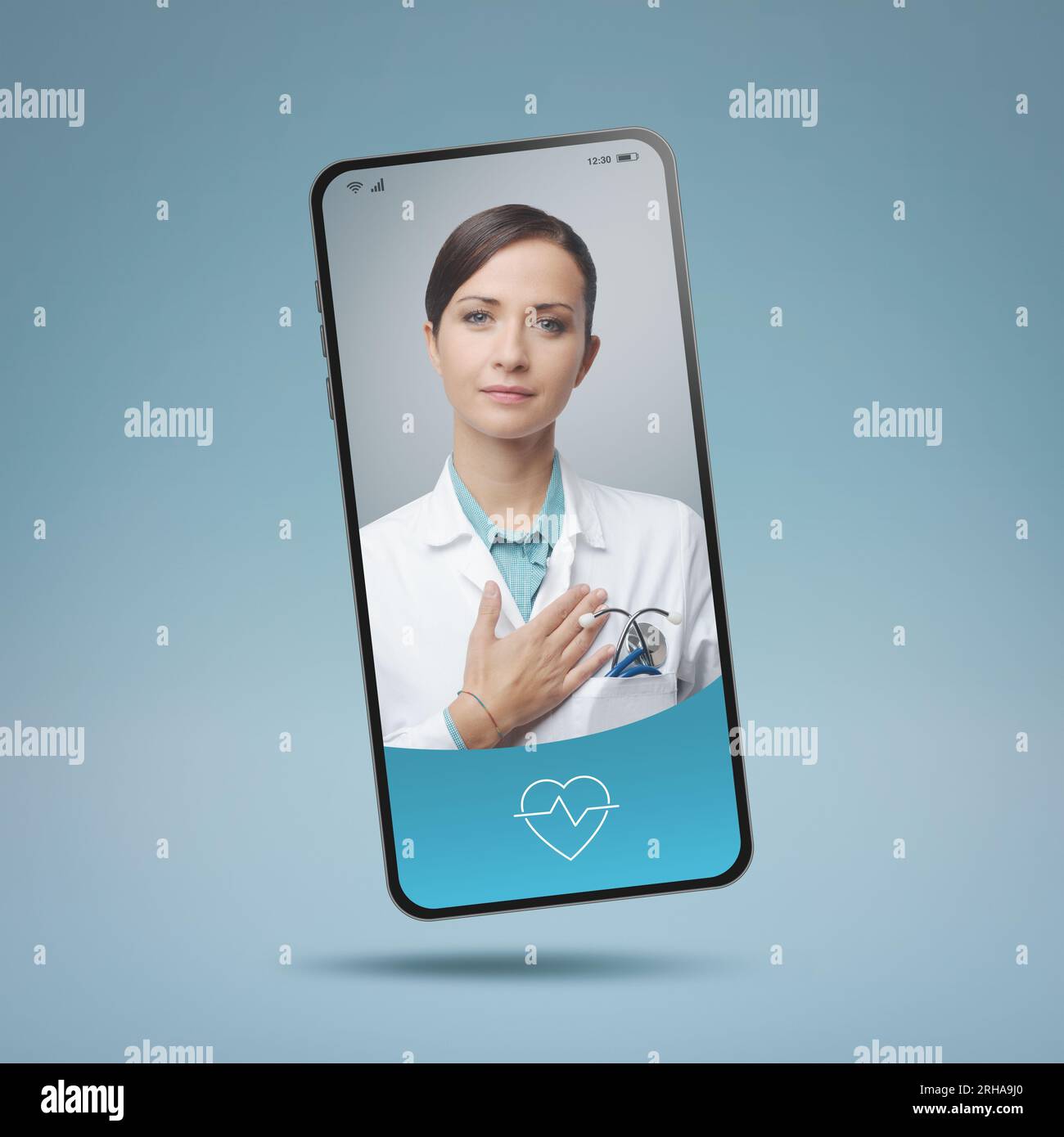 Online doctor videocalling on smartphone screen, professional medical ...