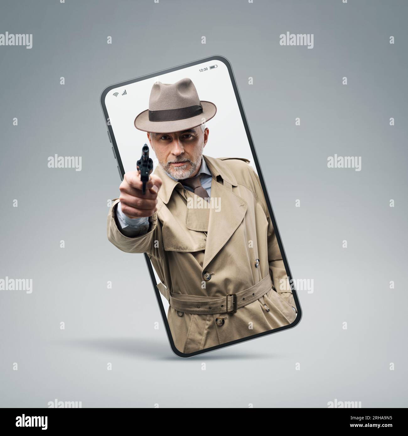 Retro spy agent pointing a gun in a smartphone videocall Stock Photo ...