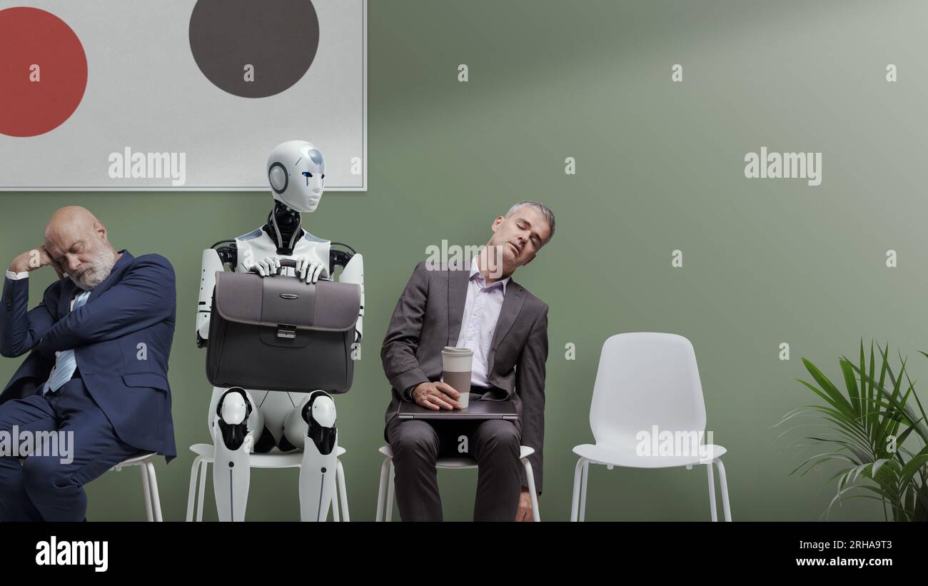 Tired exhausted applicants and android AI robot waiting for the job ...