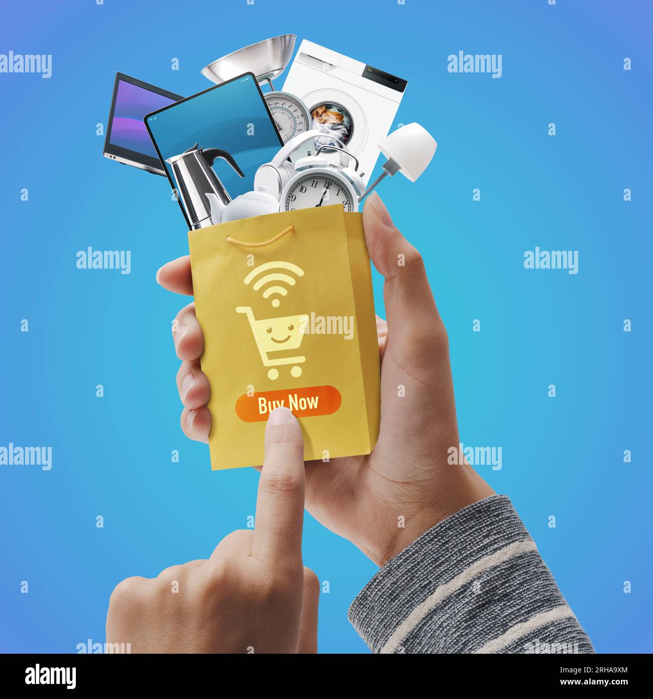 Customer ordering products online and holding a small shopping bag full ...