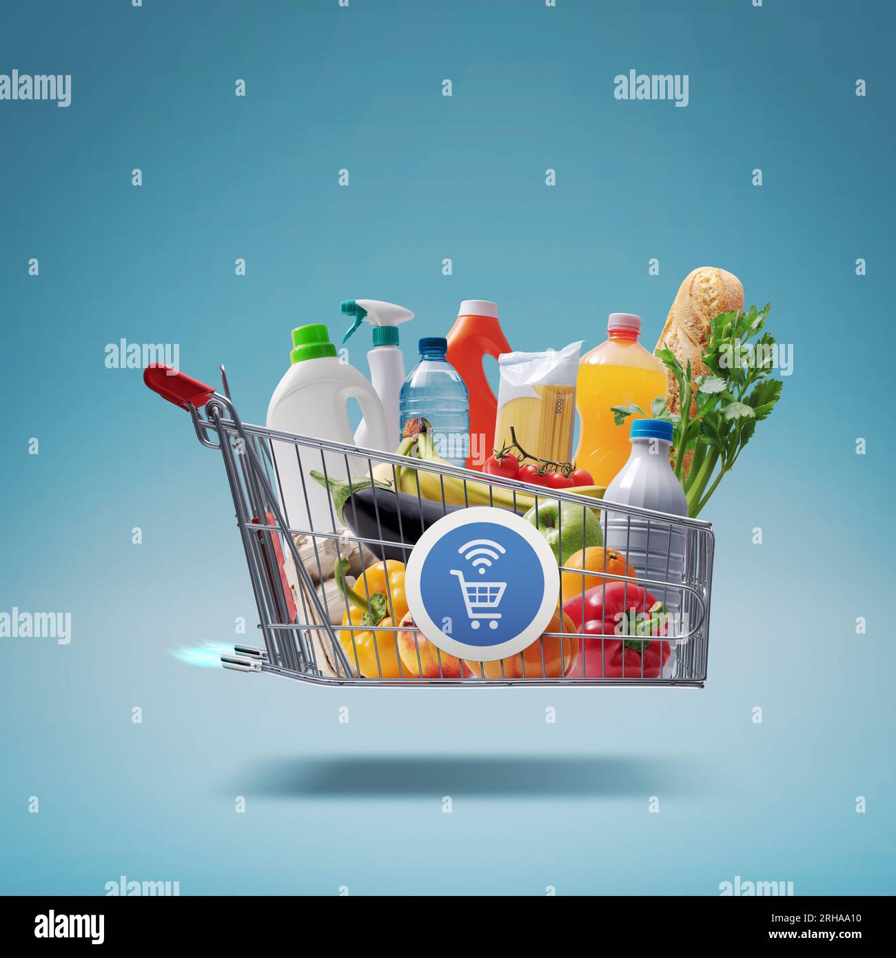 Fast rocket-propelled shopping cart delivering fresh groceries, online ...