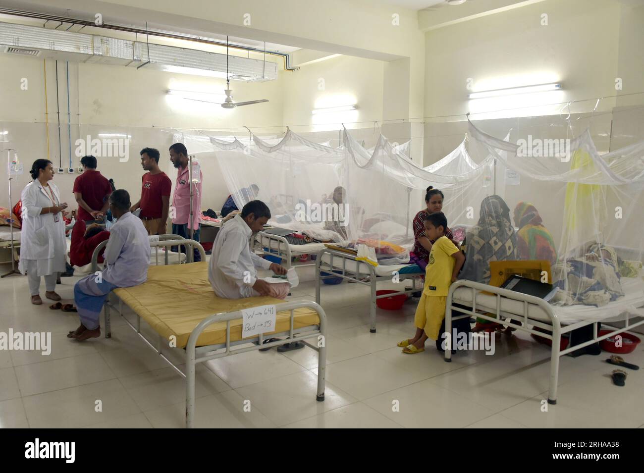Dhaka. 15th Aug, 2023. Patients infected with dengue receive treatments ...