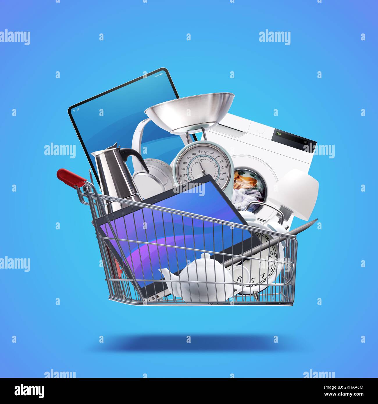 Flying shopping cart full of household goods, appliances and ...