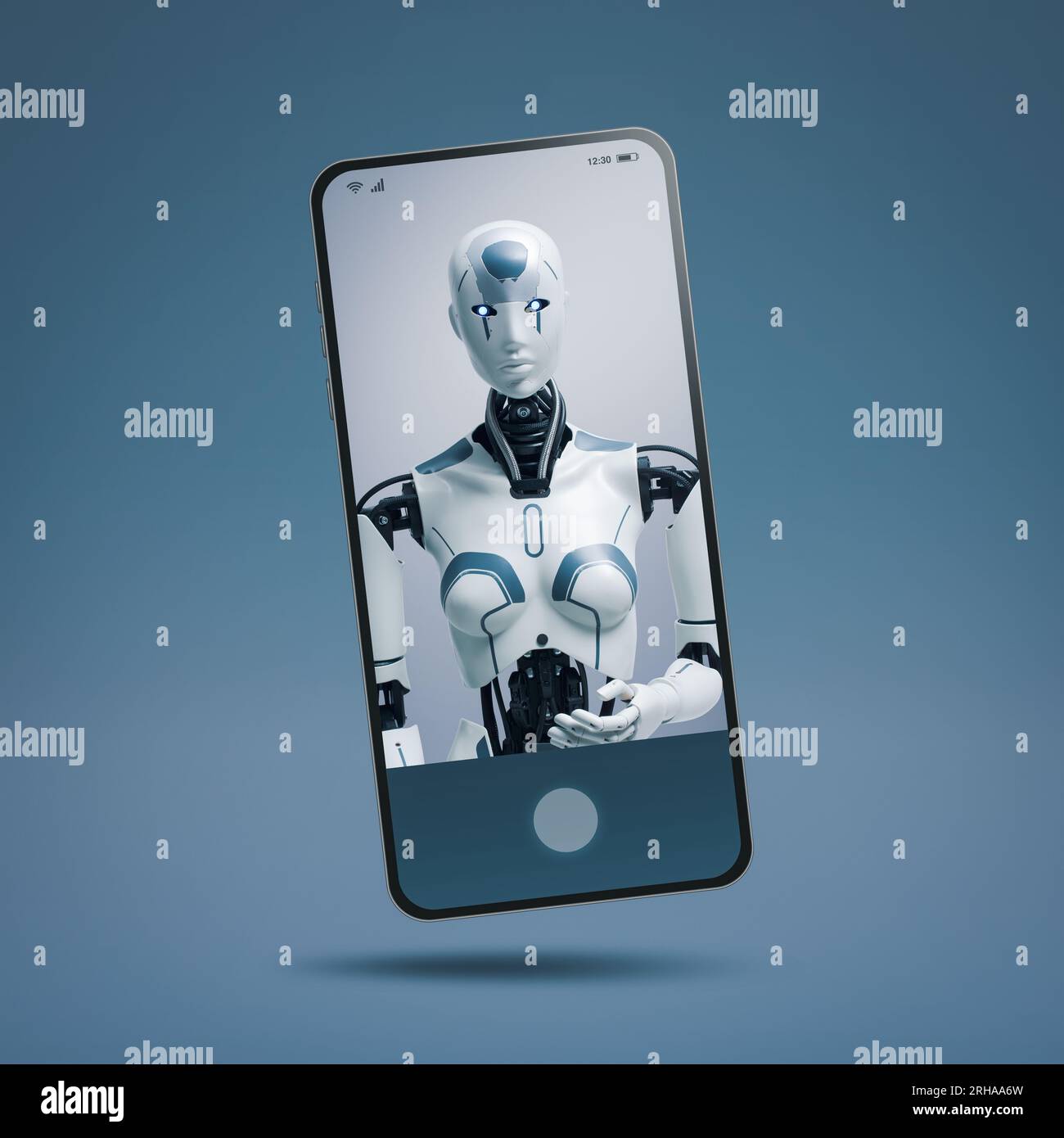 AI virtual assistant humanoid robot on smartphone screen talking and ...