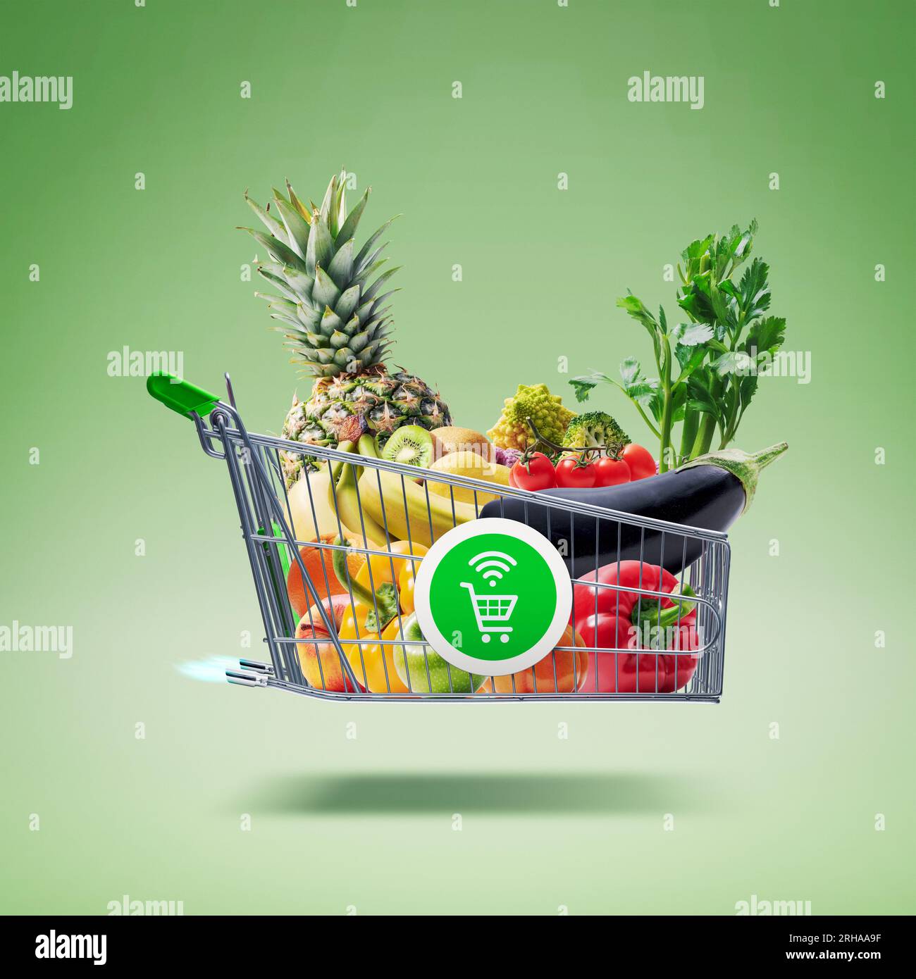 Fast shopping cart with rocket propulsion flying and delivering fresh ...