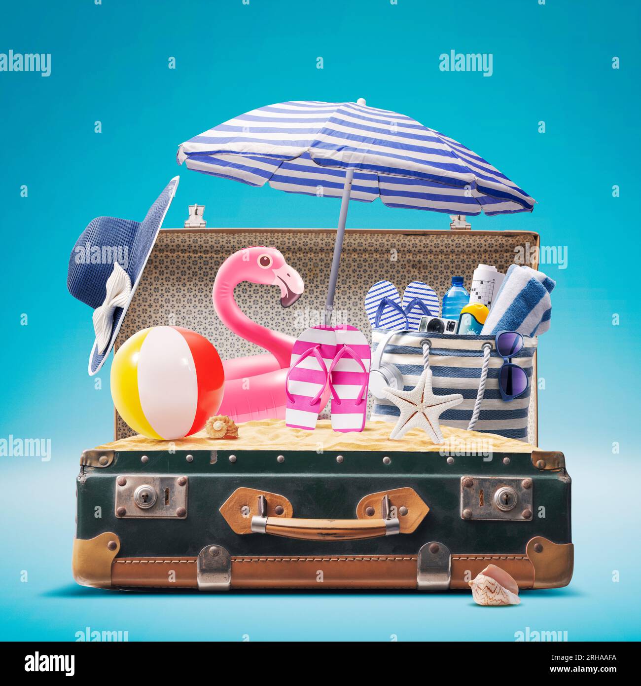 Summer vacations beach with accessories inside a vintage suitcase Stock ...
