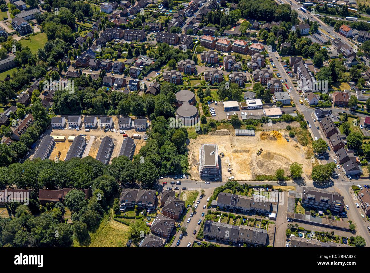 Aerial view, construction site and new building Dinnendahl Carree, residential buildings at ...