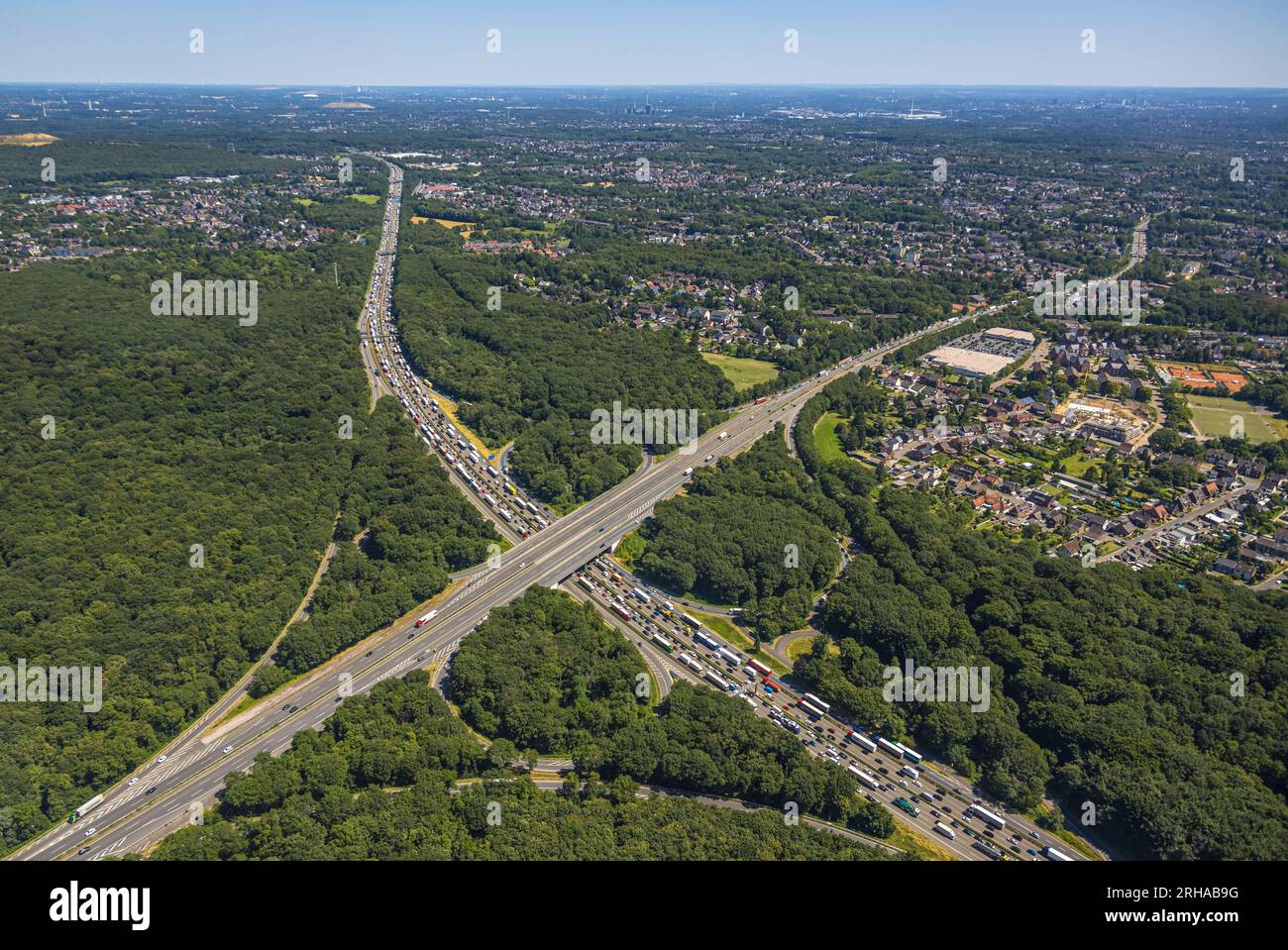 Aerial view, freeway junction Oberhausen, freeway A2 and freeway A3 ...