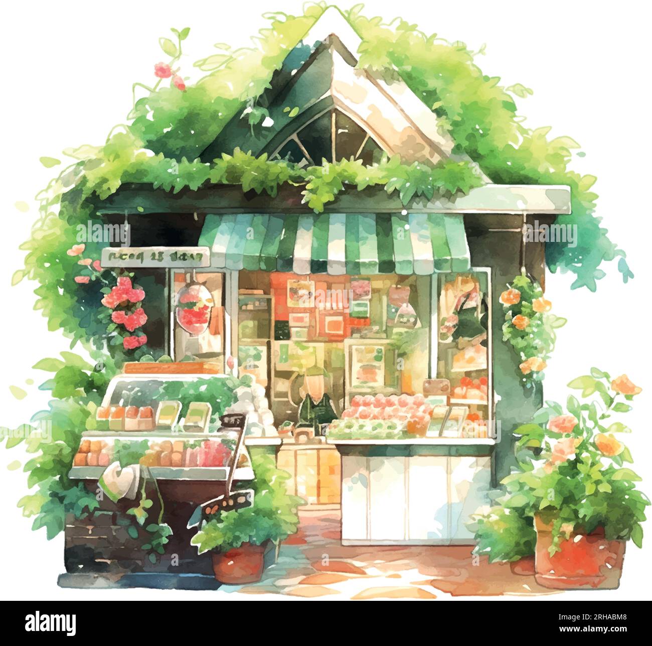 Organic green shop watercolor in cartoon style on white background ...