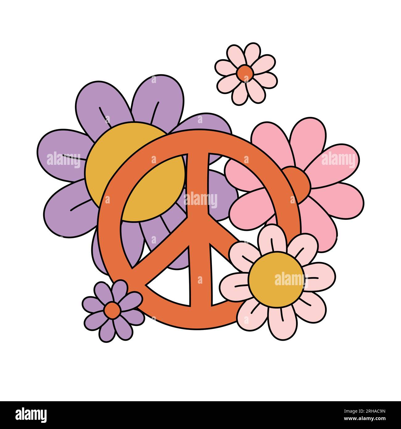 Vector retro groovy colorful peace and flowers isolated on white ...