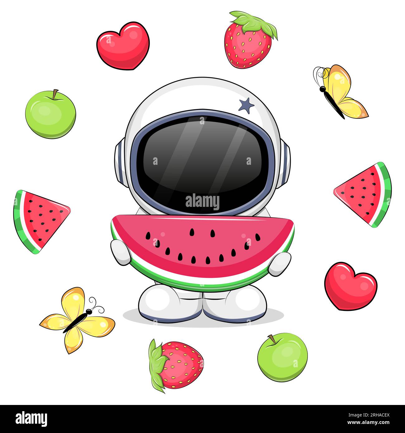 Cute cartoon astronaut with a watermelon in a fruit frame. Vector ...