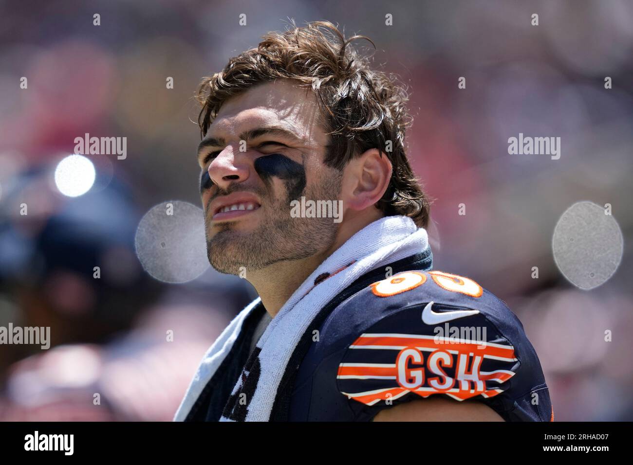 Chicago Bears tight end Cole Kmet stands on the sidelines with ...