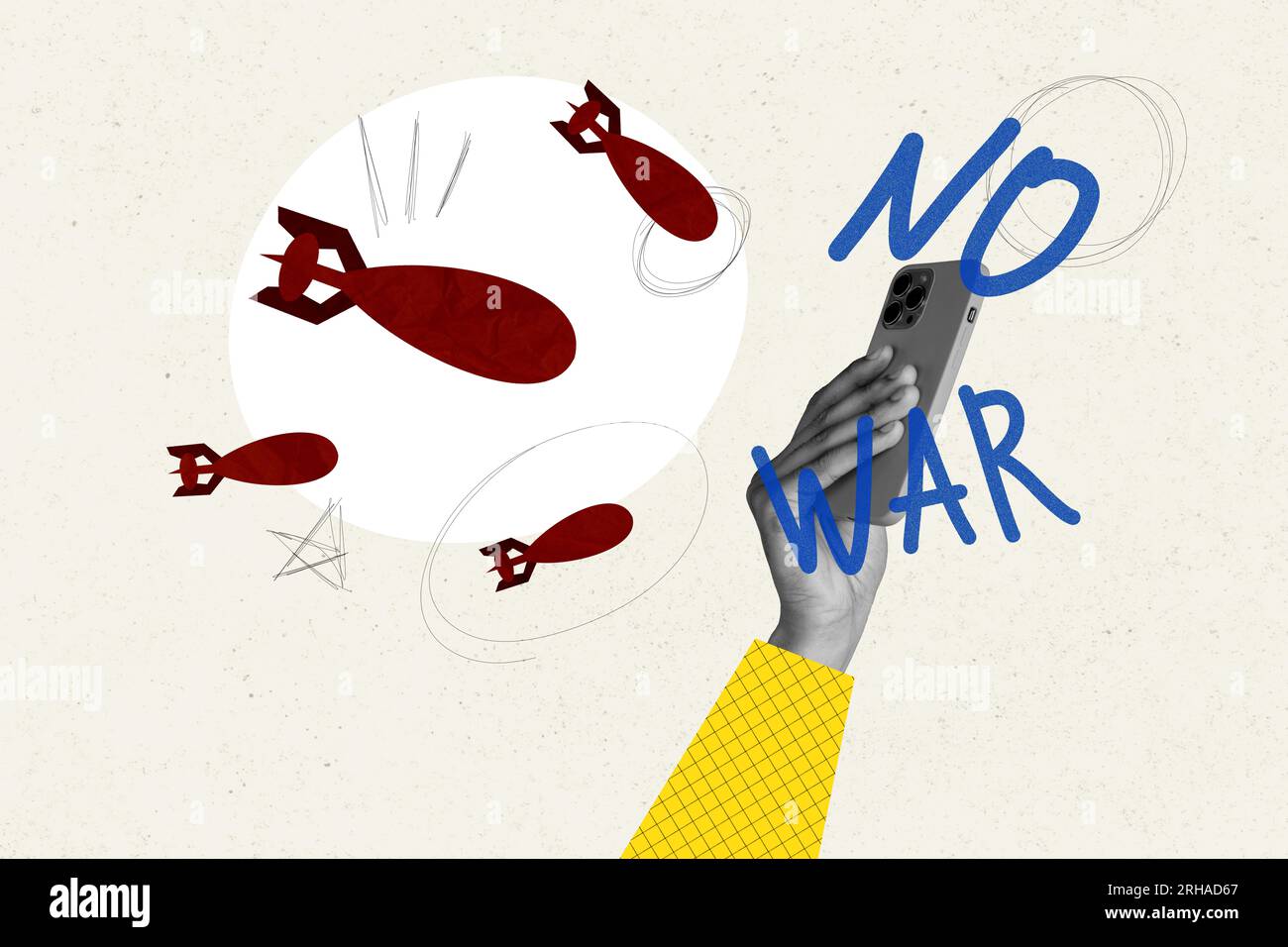 Creative collage picture of black white colors arm hold smart phone ...