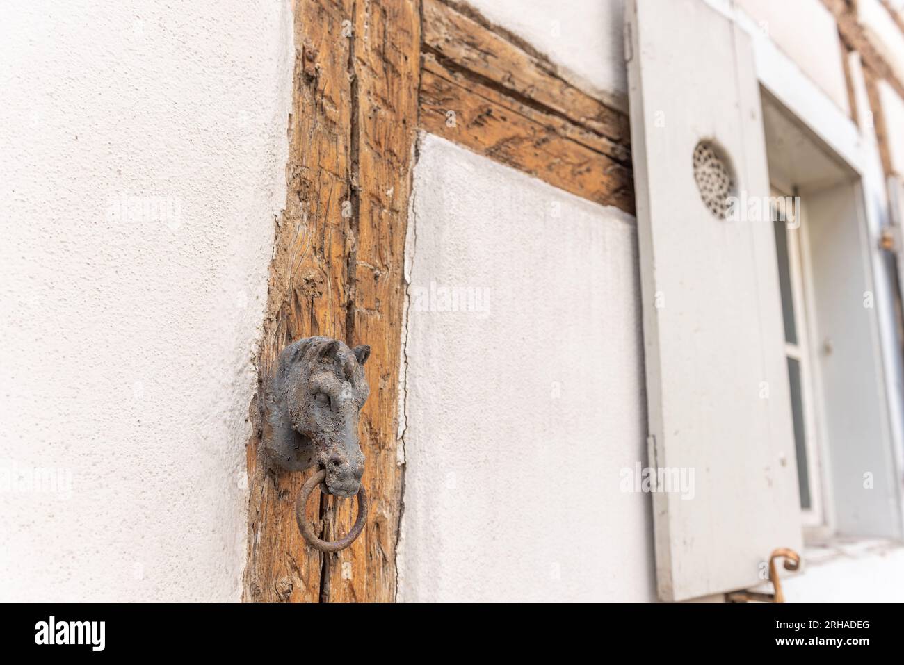 Old rusty horse's head with a ring for tying horses in a backyard ...