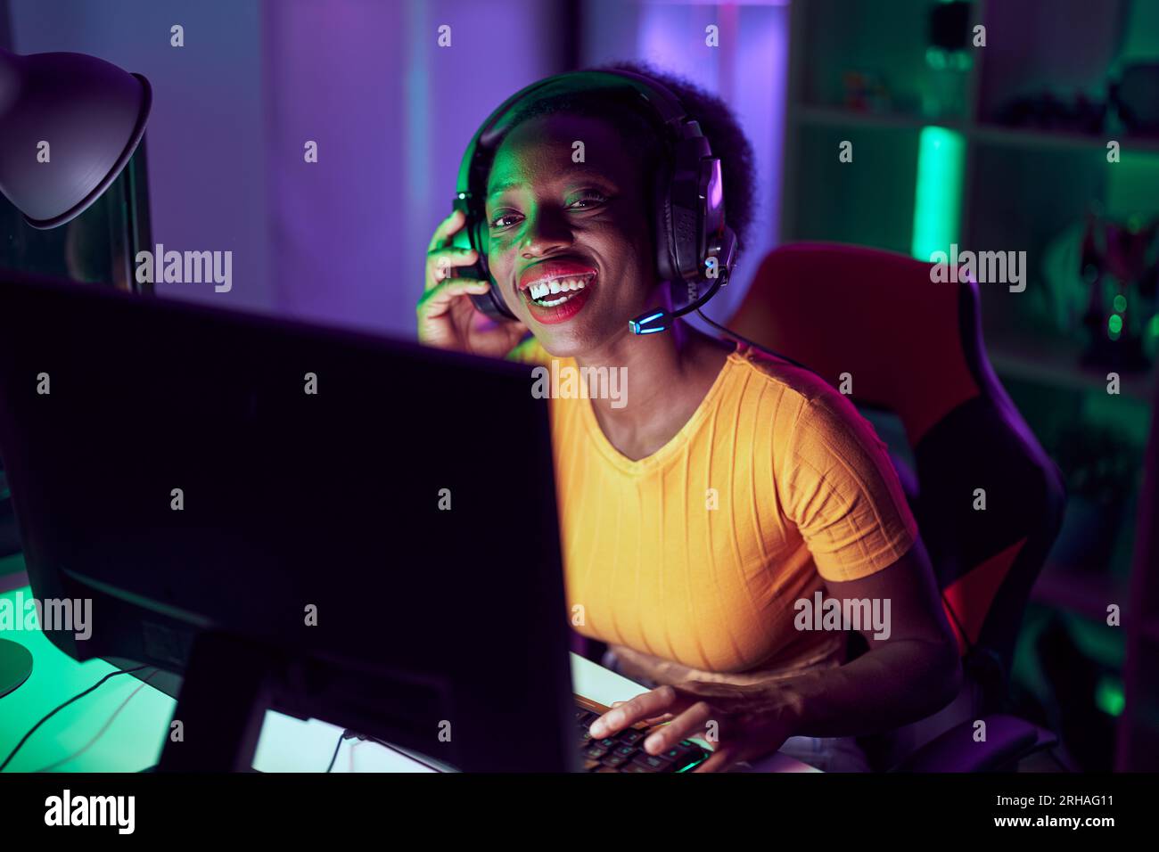 African american woman streamer using computer at gaming room Stock ...