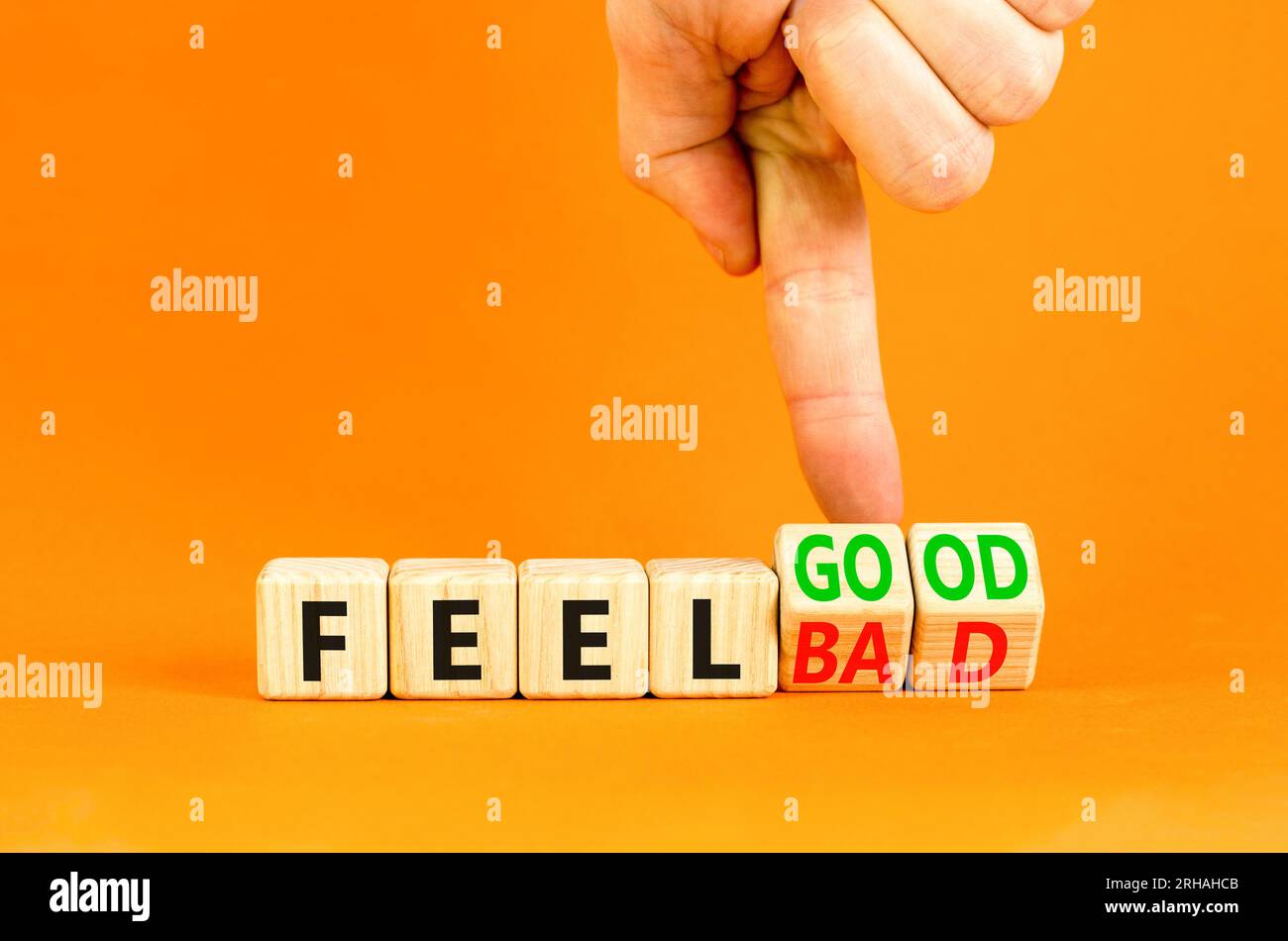 Feel good or bad symbol. Businessman turns wooden cubes and changes ...