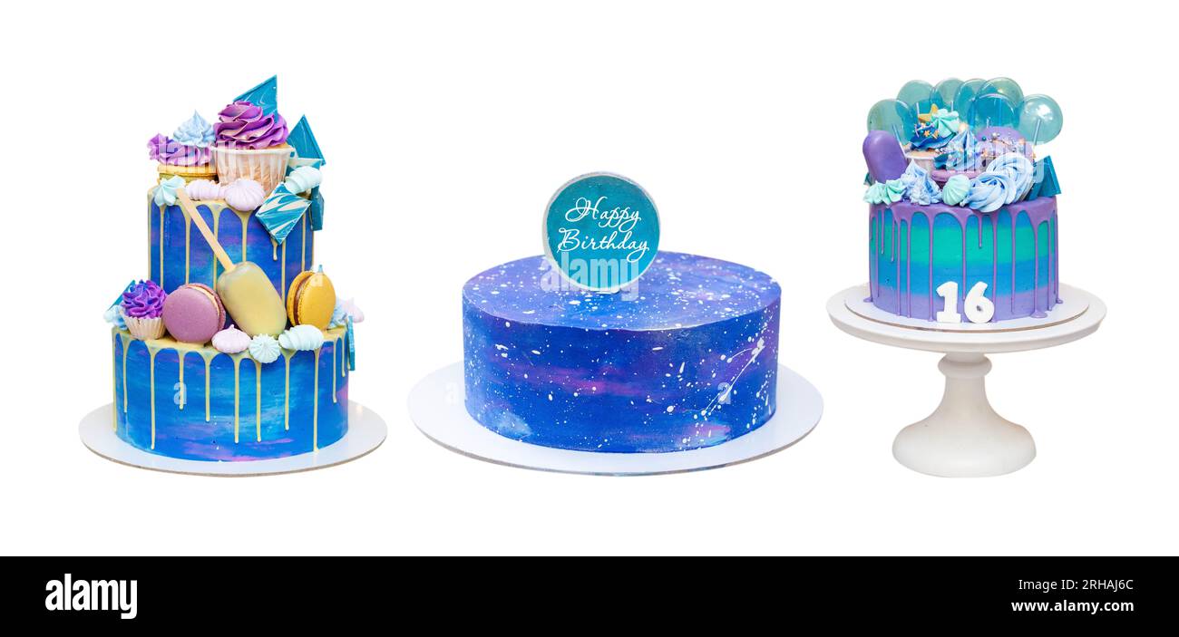 Collection of different beautiful blue birthday cakes isolated on white ...