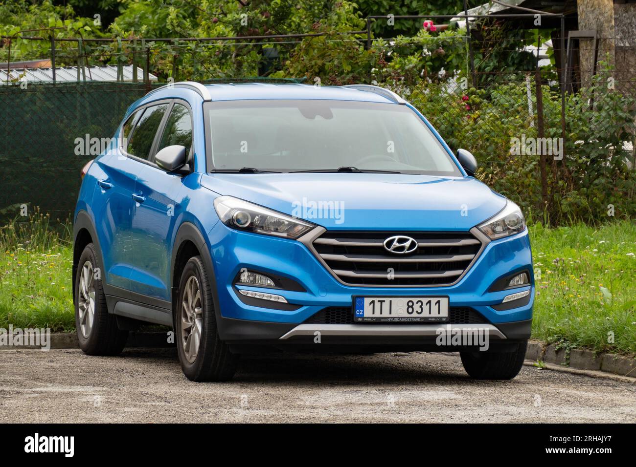 HAVIROV, CZECH REPUBLIC - AUGUST 3, 2023: Blue Hyundai Tucson TL SUV ...