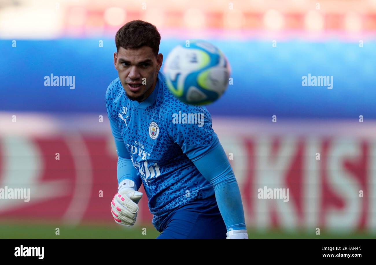 Manchester City's goalkeeper Ederson Santana De Moraes watches the ball ...
