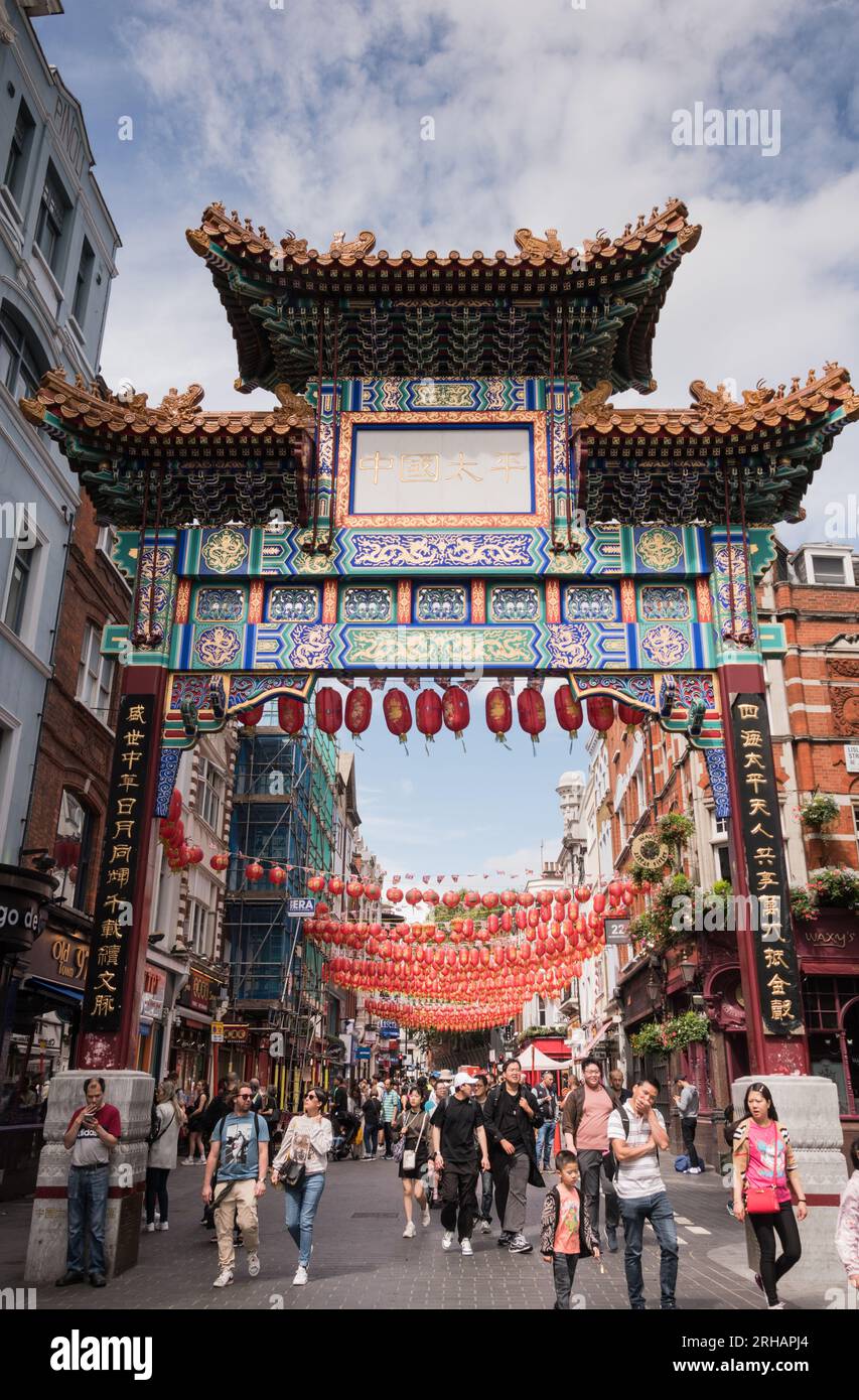 Entrance gate (Qing dynasty) to Chinatown on Wardour Street in the Soho area of the City of ...
