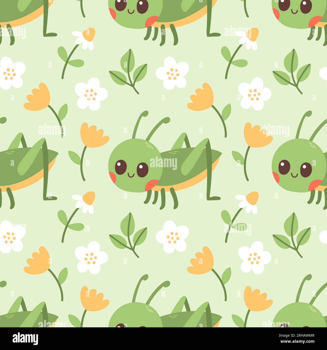 Seamless pattern of grasshopper, flowers and green leaf on green ...