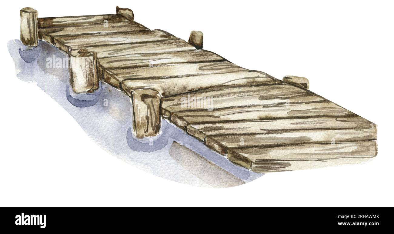 Watercolor hand drawn pier on the lake . Watercolor illustration ...