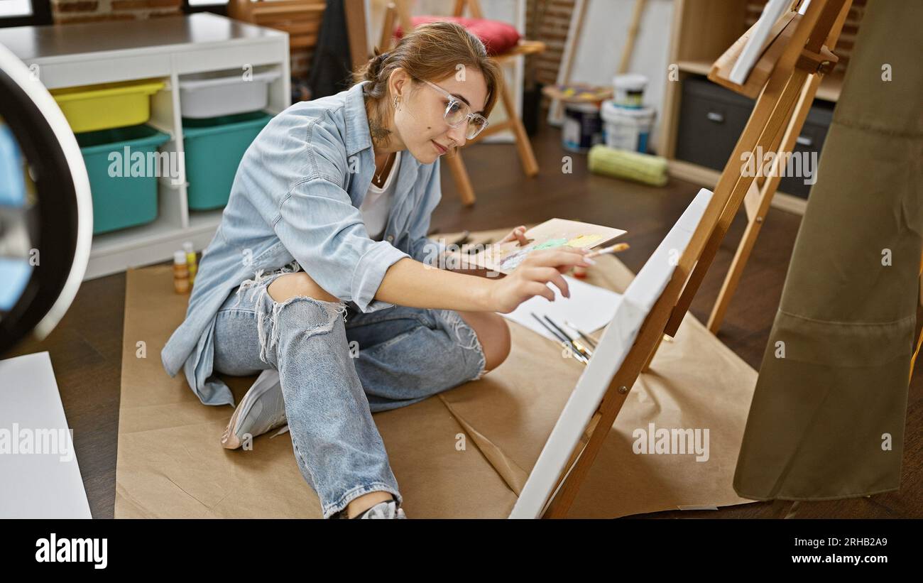 Young woman artist recording video tutorial drawing at art studio Stock ...