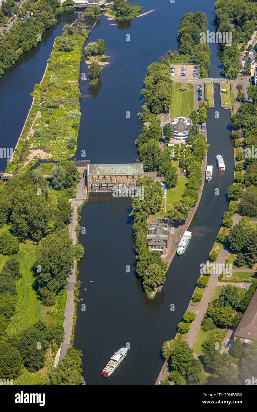 Aerial view, lock island, Kahlenberg hydroelectric power station, Ruhr ...