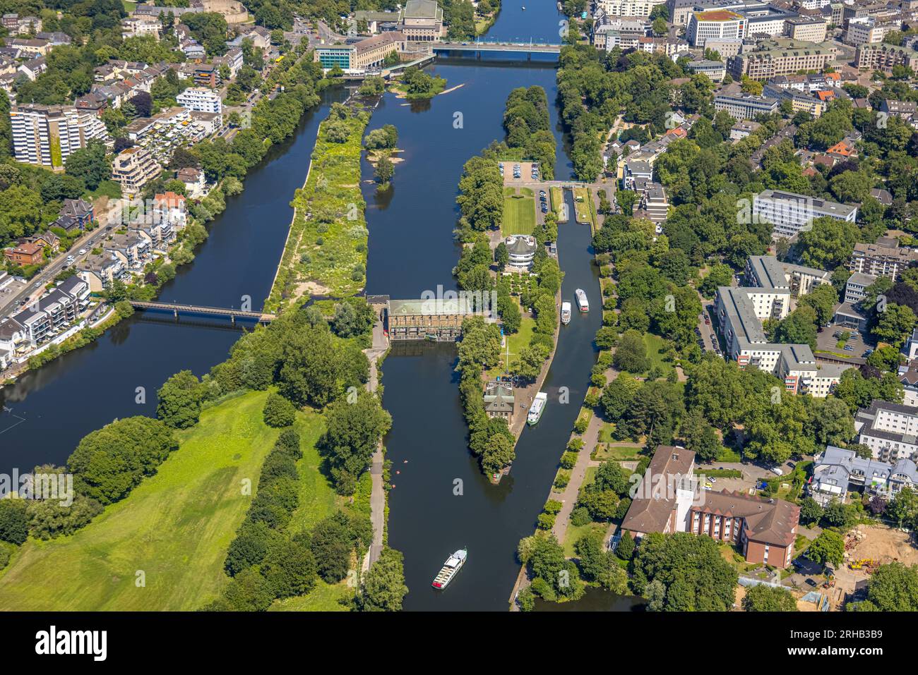 Aerial view, lock island, Kahlenberg hydroelectric power station, Ruhr ...