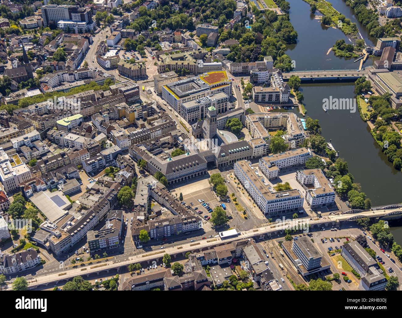 Aerial view, city and historical town hall with town hall tower ...