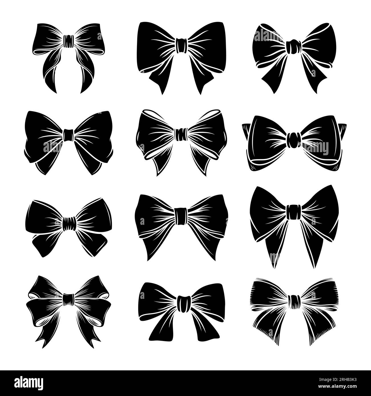 Vector Black and White Bow Tie or Gift Bow, Cut Out Icon Set Isolated ...