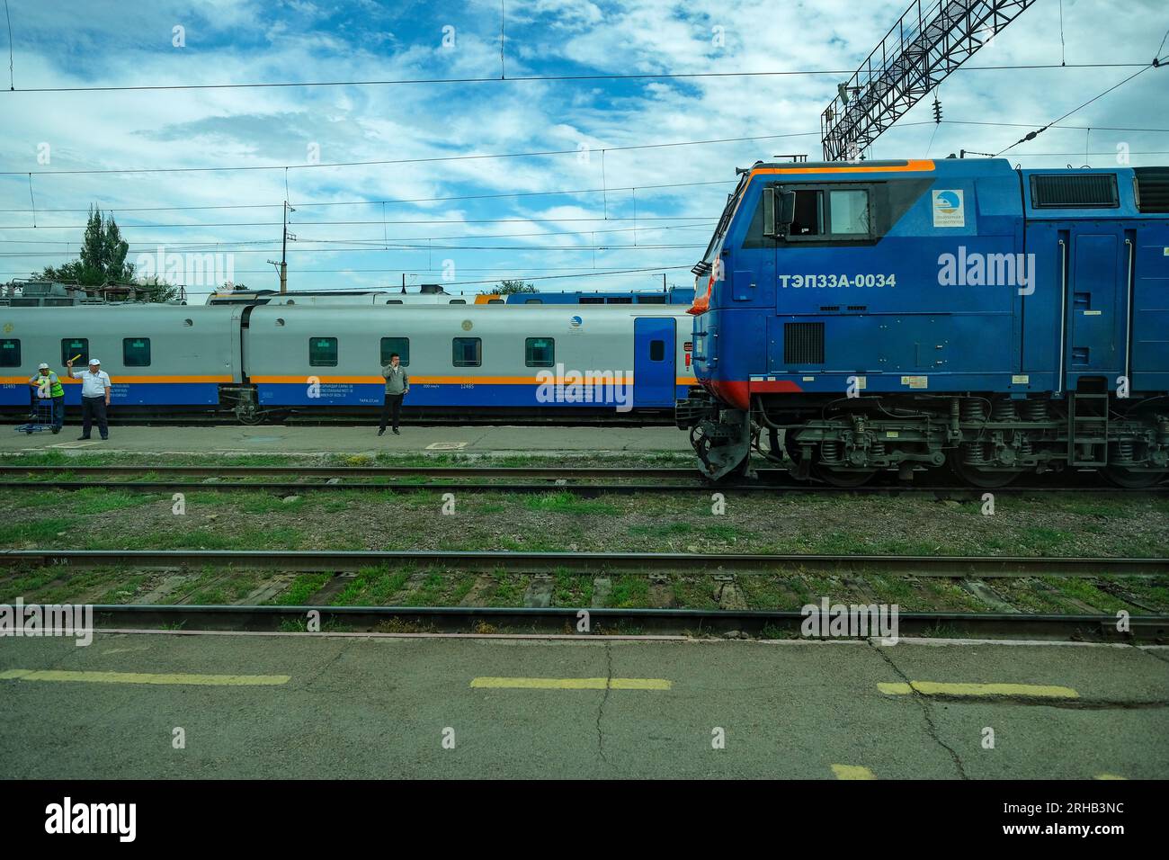Almaty, Kazakhstan - August 8, 2023: Trains at the Almaty railway ...