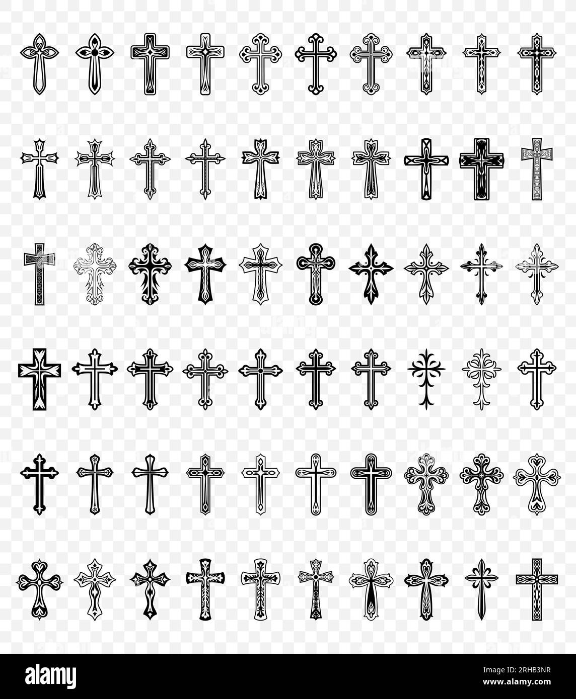 Flat Vector Black and White Christian Cross Icons. Line Silhouette Cut ...