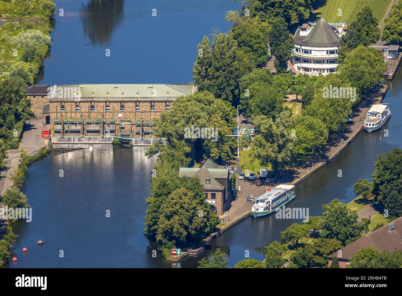 Aerial view, lock island, Kahlenberg hydroelectric power station, Ruhr ...