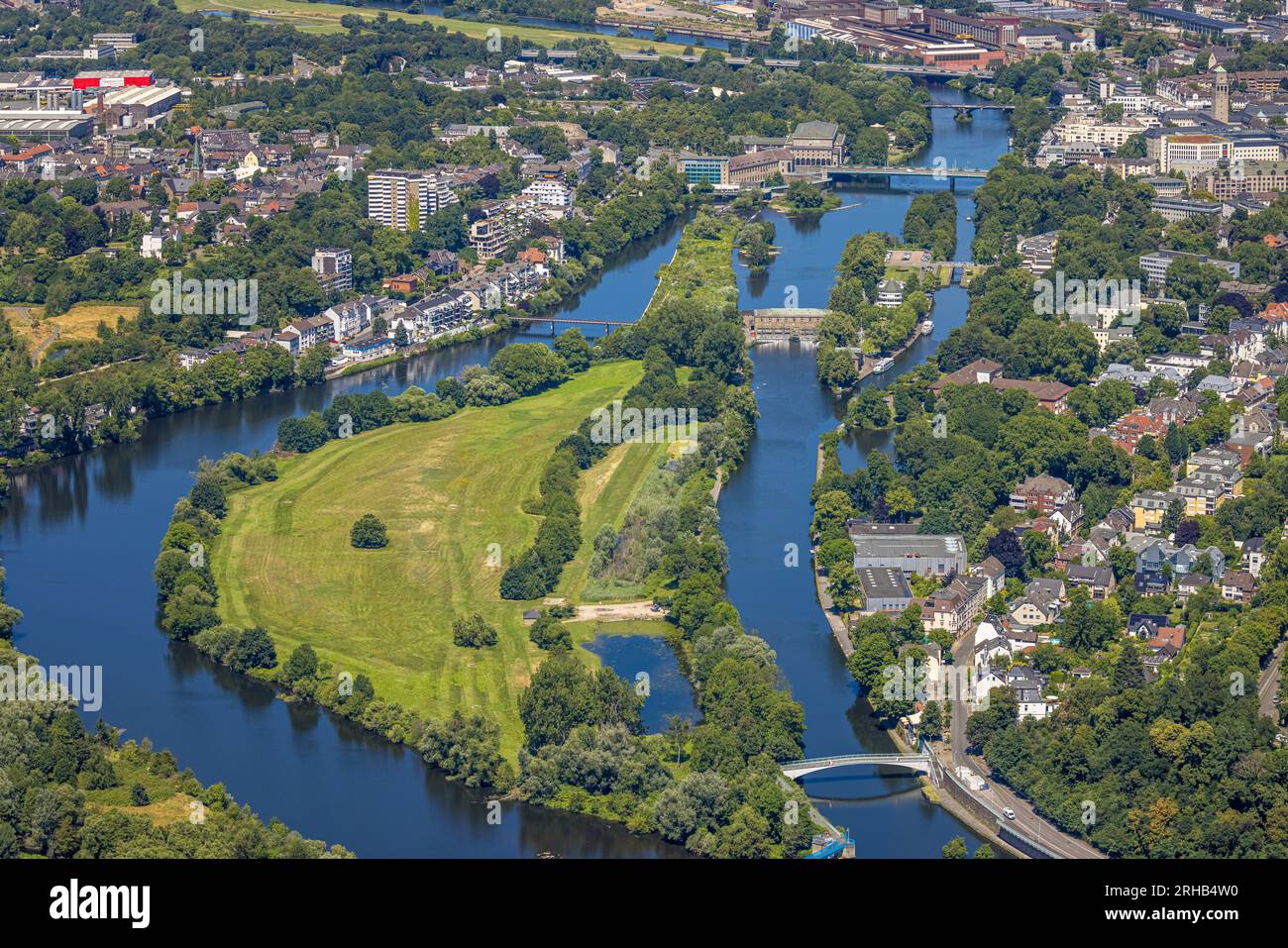 Aerial view, Ruhr island, lock island, Kahlenberg hydroelectric power ...