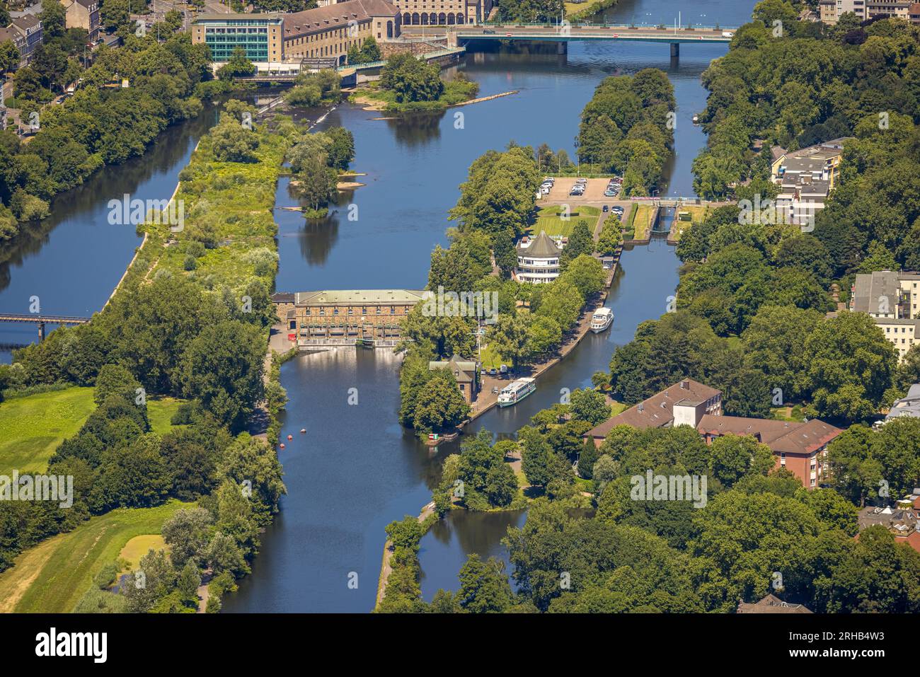 Aerial view, lock island, Kahlenberg hydroelectric power station, Ruhr ...