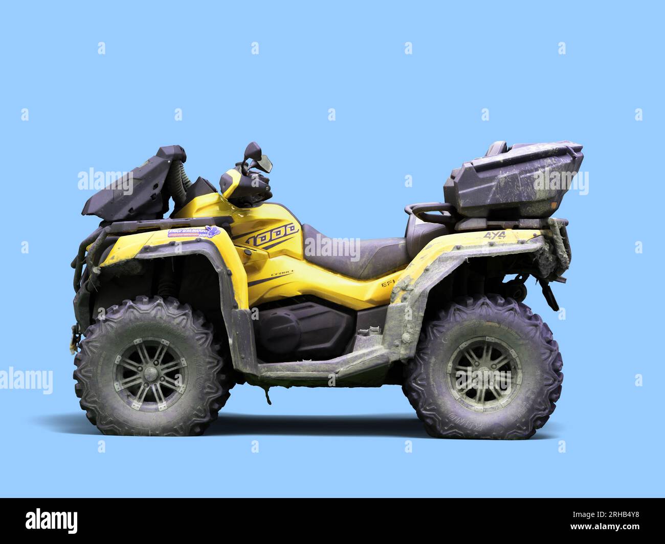 Four quad yellow bike left side view 3d render on blue Stock Photo - Alamy