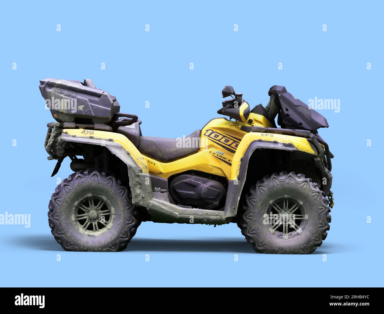Four quad yellow bike right side view 3d render on blue Stock Photo - Alamy