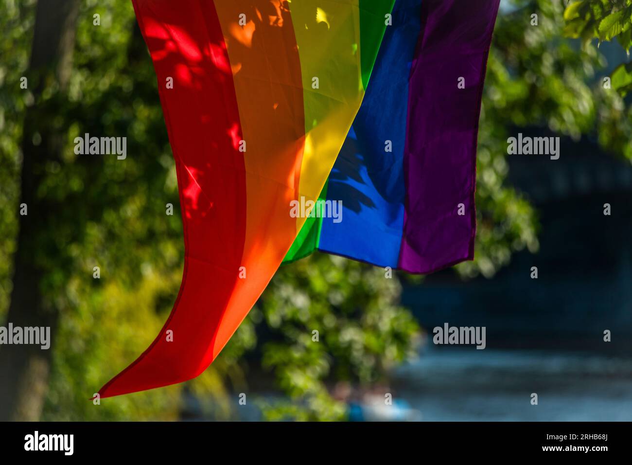 Prague pride march flags in centre of Prague on summer color island ...