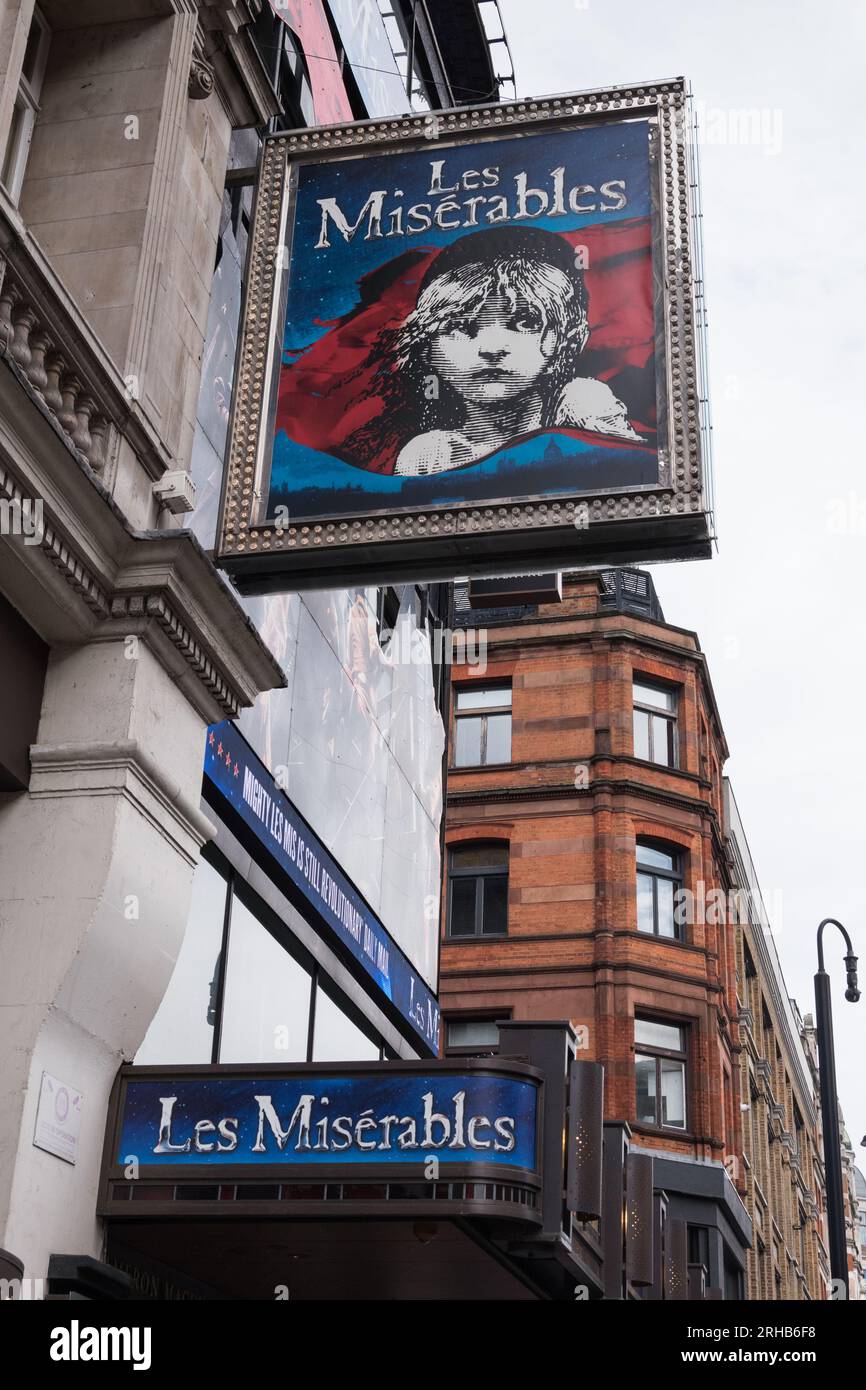Les Misérables theatre signage at the Sondheim Theatre (formerly Queen ...