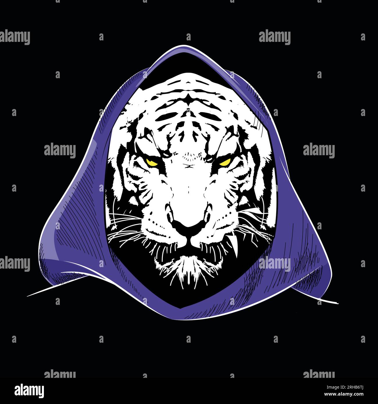 Blue hooded tiger face t-shirt design isolated on black. Vector ...