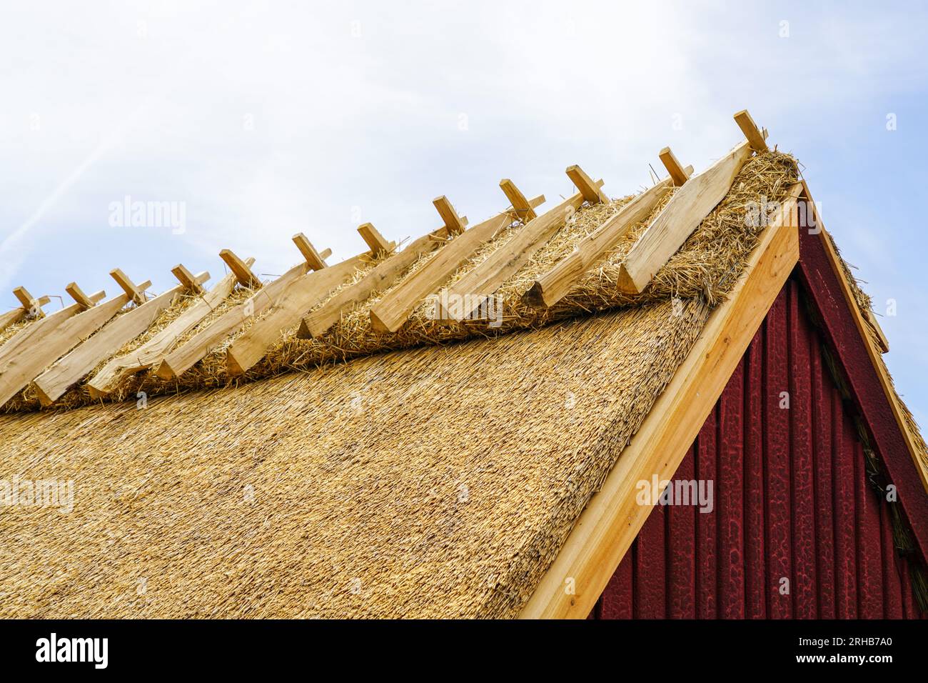 Closeup of a new thatched roof of a historic house, wooden ...