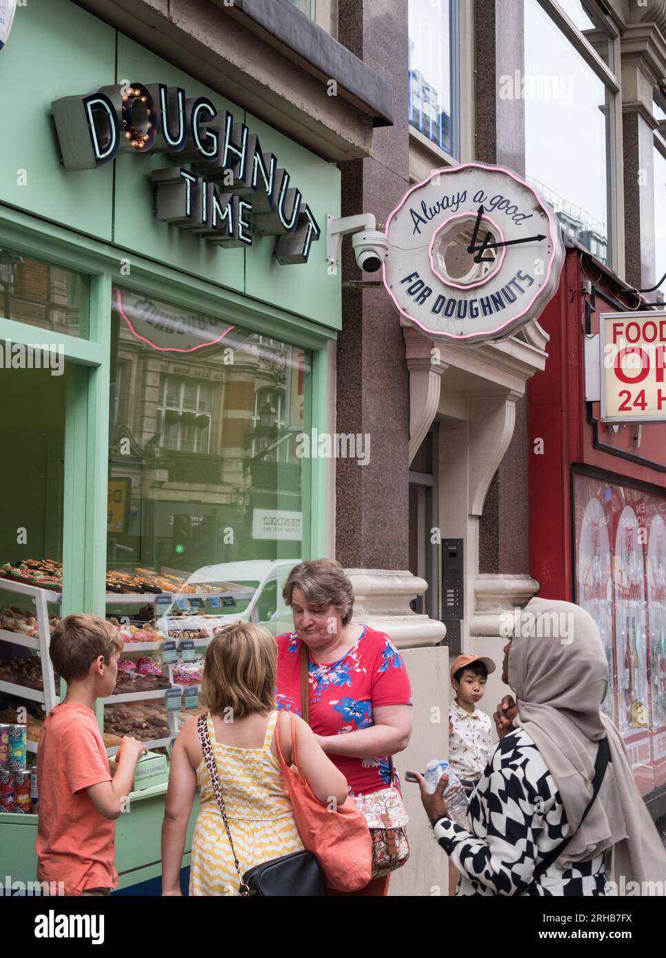 Doughnut Time shop window on Shaftesbury Avenue, Central London ...