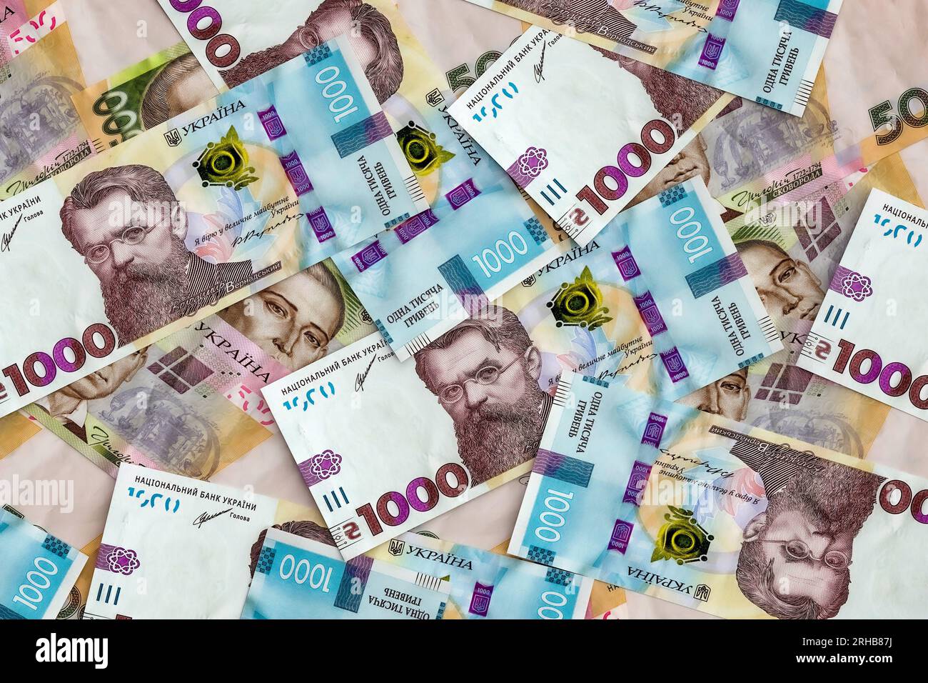 Stack of ukrainian money hryvnia (grivna, hryvna) with 1000 and 500 ...