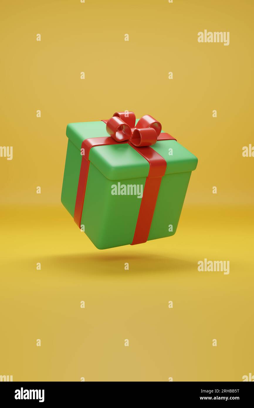 Gift box with cartoon style bow isolated on yellow background. 3d ...