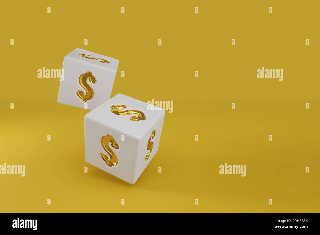 Two dice with golden dollar signs with copy space. 3d illustration ...