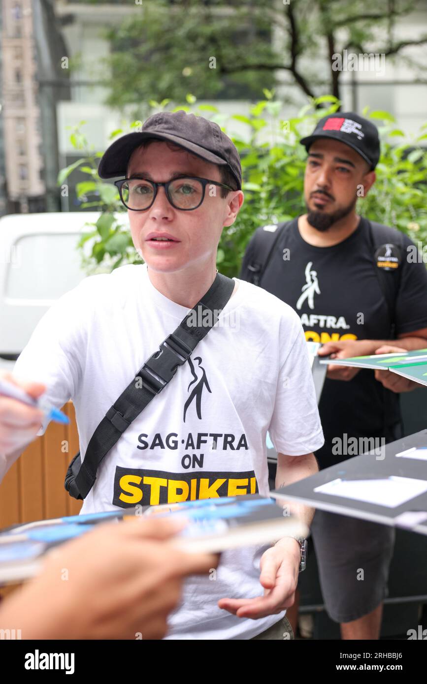 Elliot Page is seen at the SAG-AFTRA picket line in Downtown, Manhattan ...