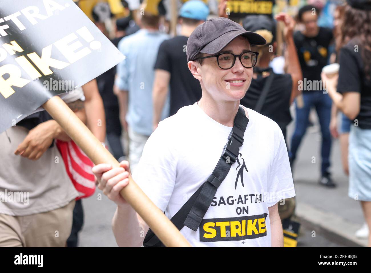 Elliot Page is seen at the SAG-AFTRA picket line in Downtown, Manhattan ...