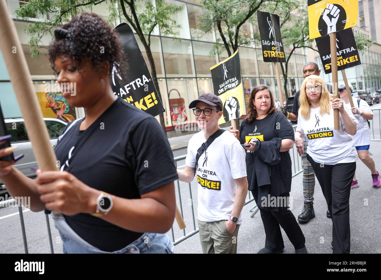 Elliot Page is seen at the SAG-AFTRA picket line in Downtown, Manhattan ...